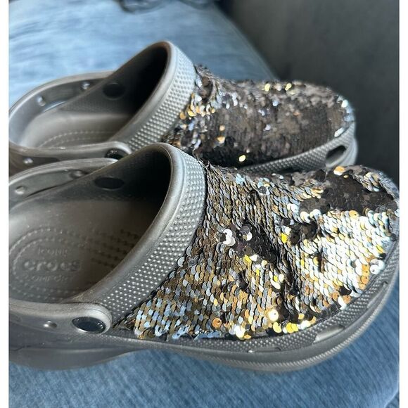 CROCS | Shoes | Crocs Baeplatform Shoes Clogs Black And Gold Sequins ...
